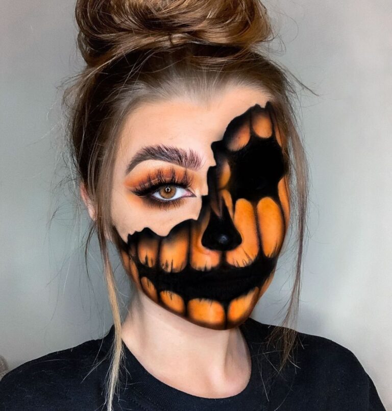 Spooky & Sizzling: 17 Pumpkin Face Paint Ideas For Women - The Mummy Front